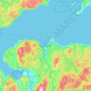 Topografisk kart Trondheim, høyde, relieff